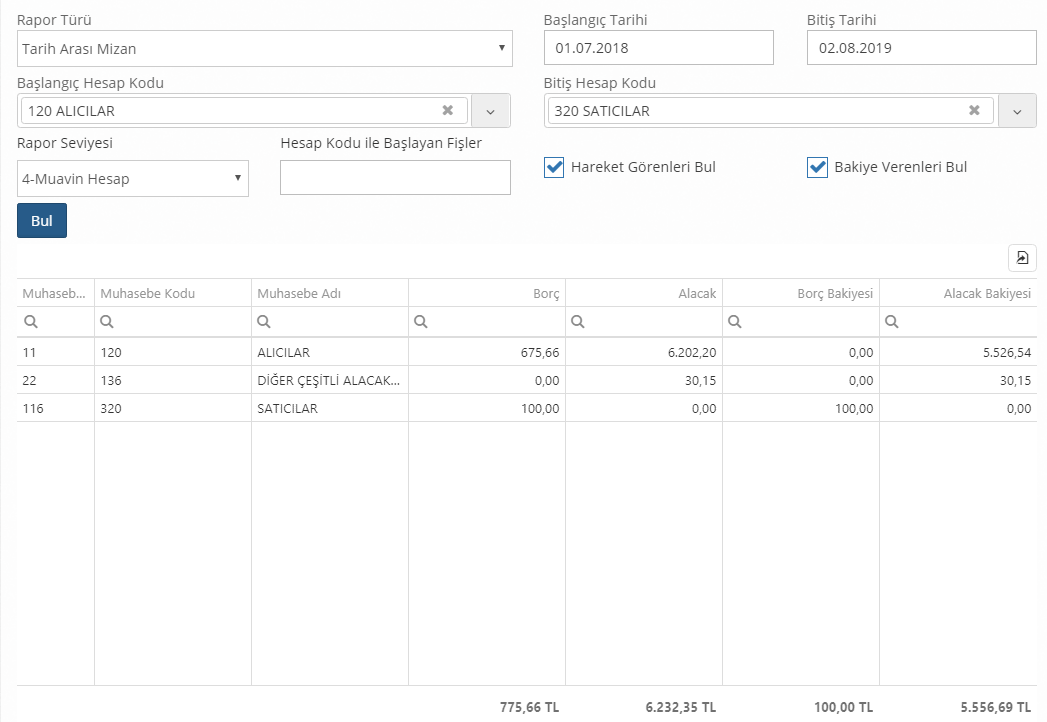 Muhasebe Raporları – Tarih Arası Mizan